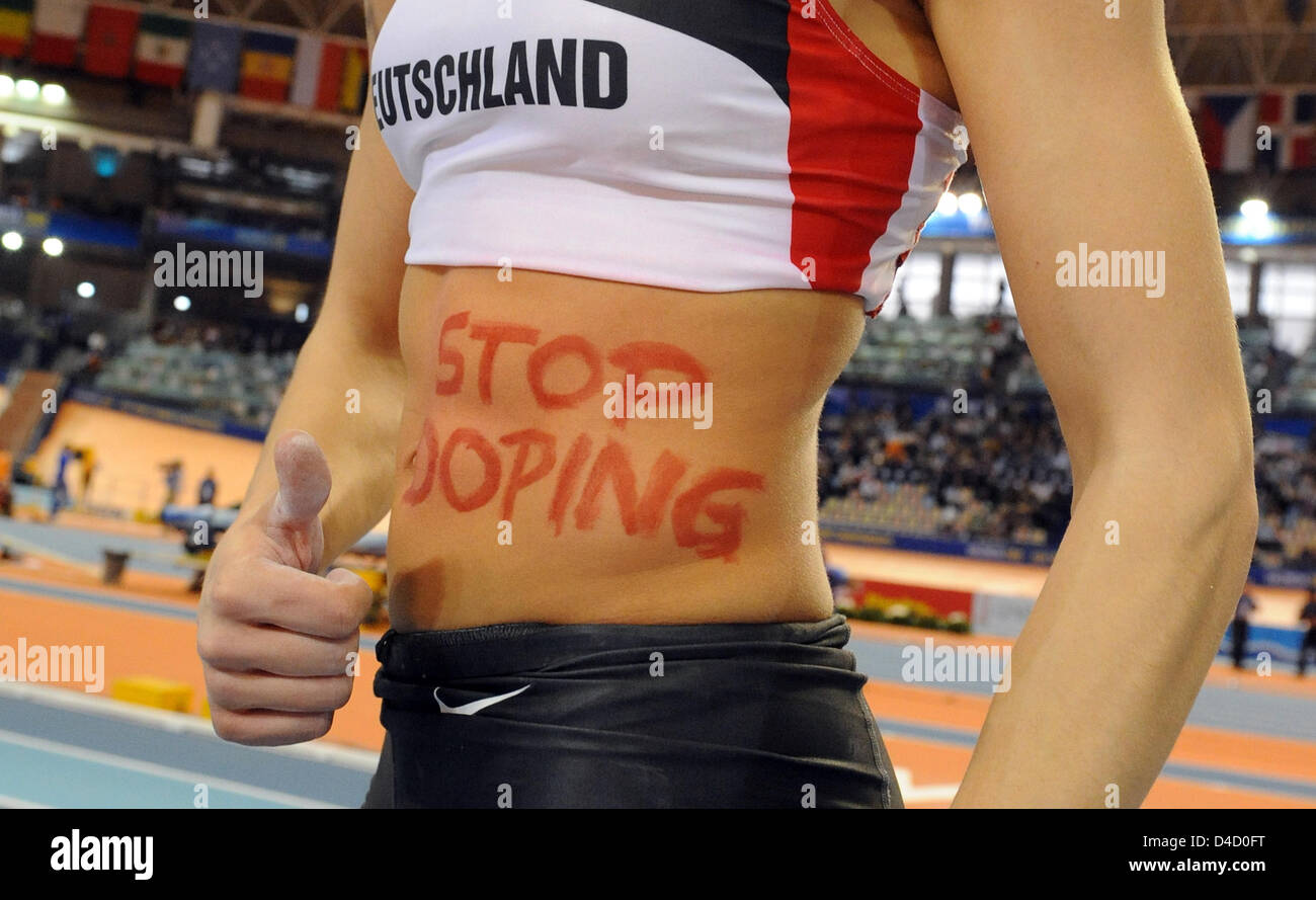 German pole vaulter Anna Battke wrote the slogan 'Stop Doping' on her ...