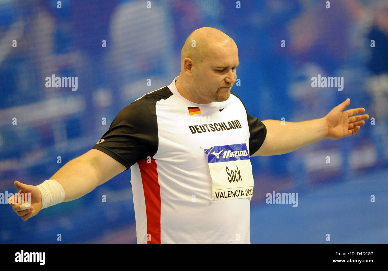 German shotputter Peter Sack gestures in the Men's Shotput finals of ...