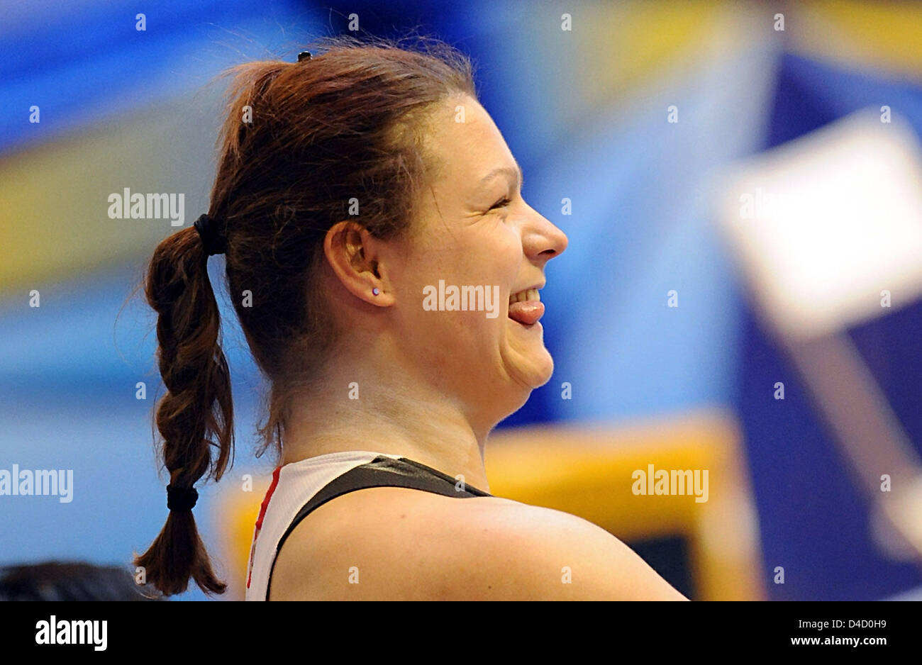 German shotputter Christina Schwanitz smiles during the shotputting ...