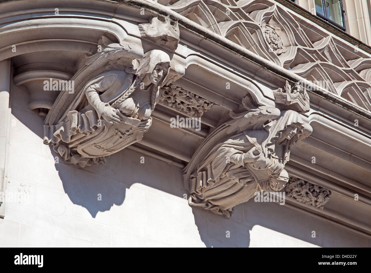 London, Westminster Stone carving on the Supreme Court in Parliament ...