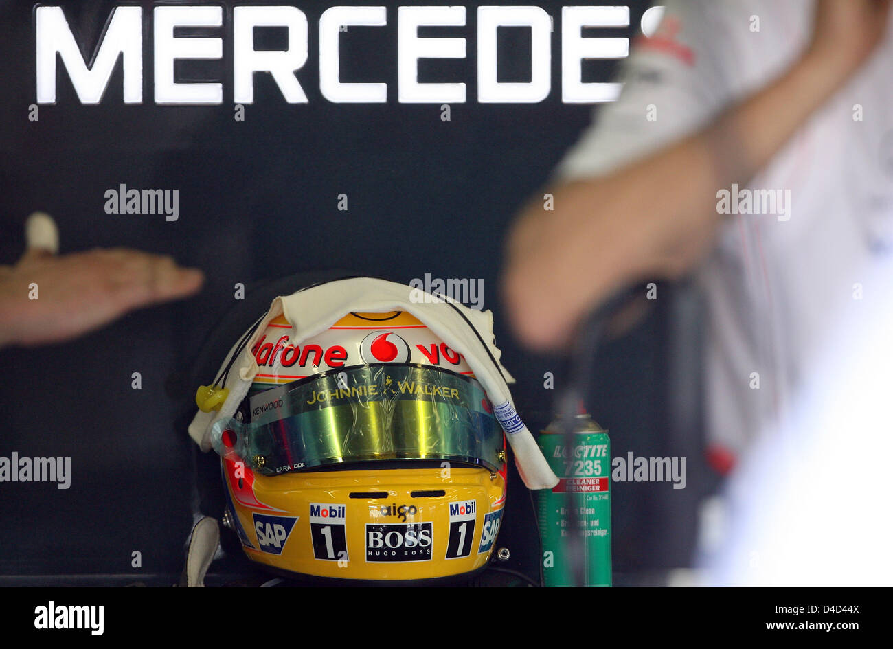 The helmet of British Formula One driver Lewis Hamilton of McLaren ...