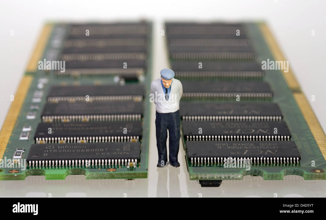 The picture shows a figure of an old man on a grey surface between two ...