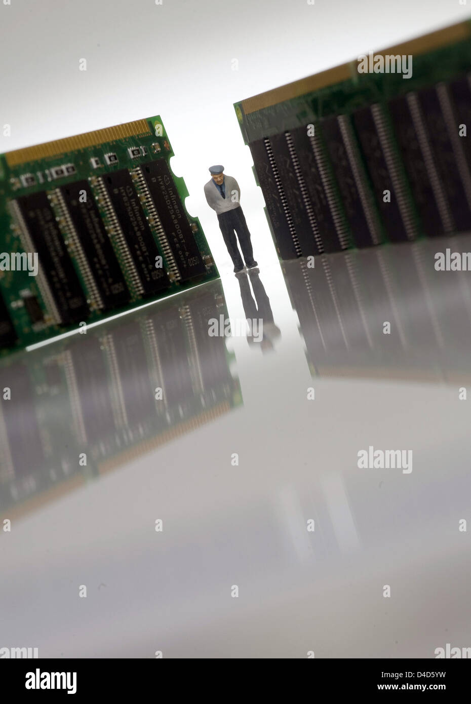 The picture shows a figure of an old man on a grey surface between two ...