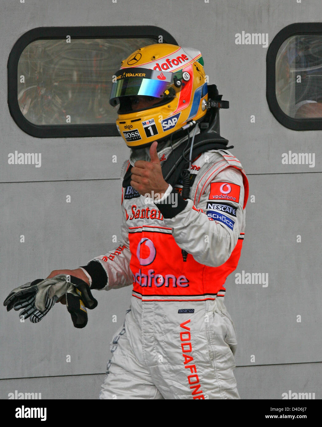 British Formula One driver Lewis Hamilton of McLaren Mercedes thumbs up ...