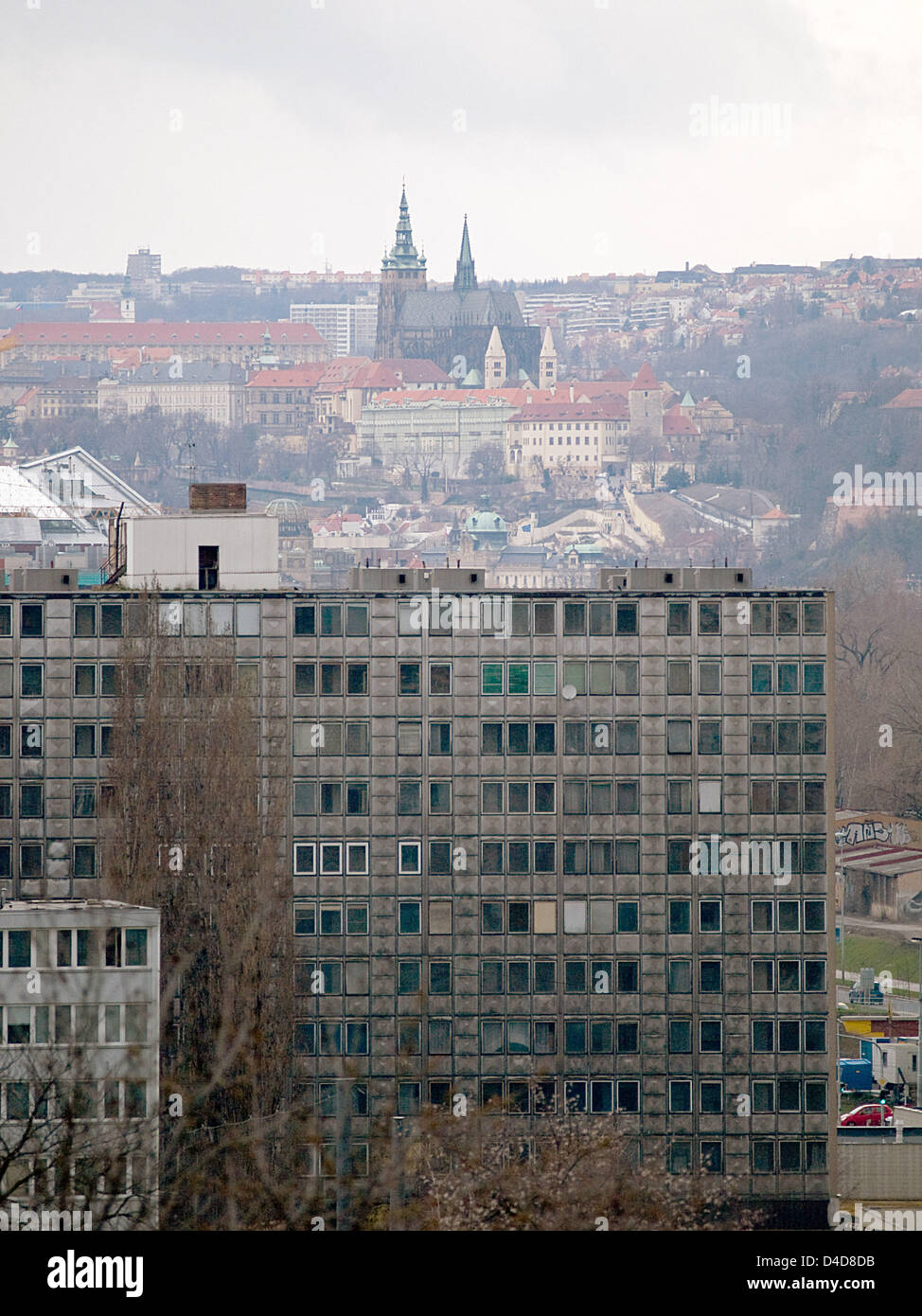 A city view of Prague with Prague Castle in the background and a ...