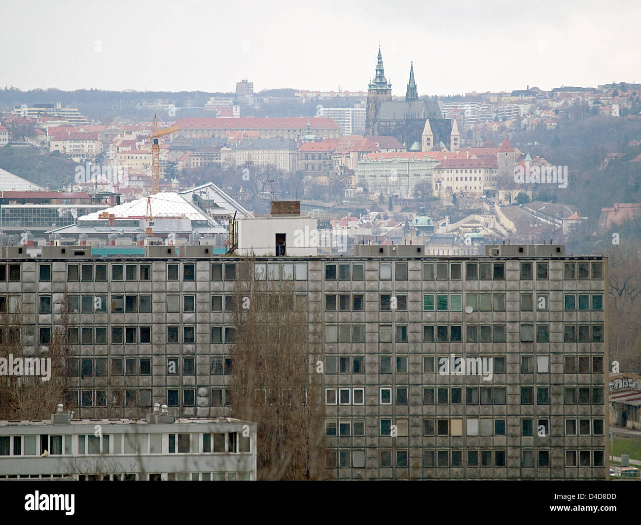 A city view of Prague with Prague Castle in the background and a ...