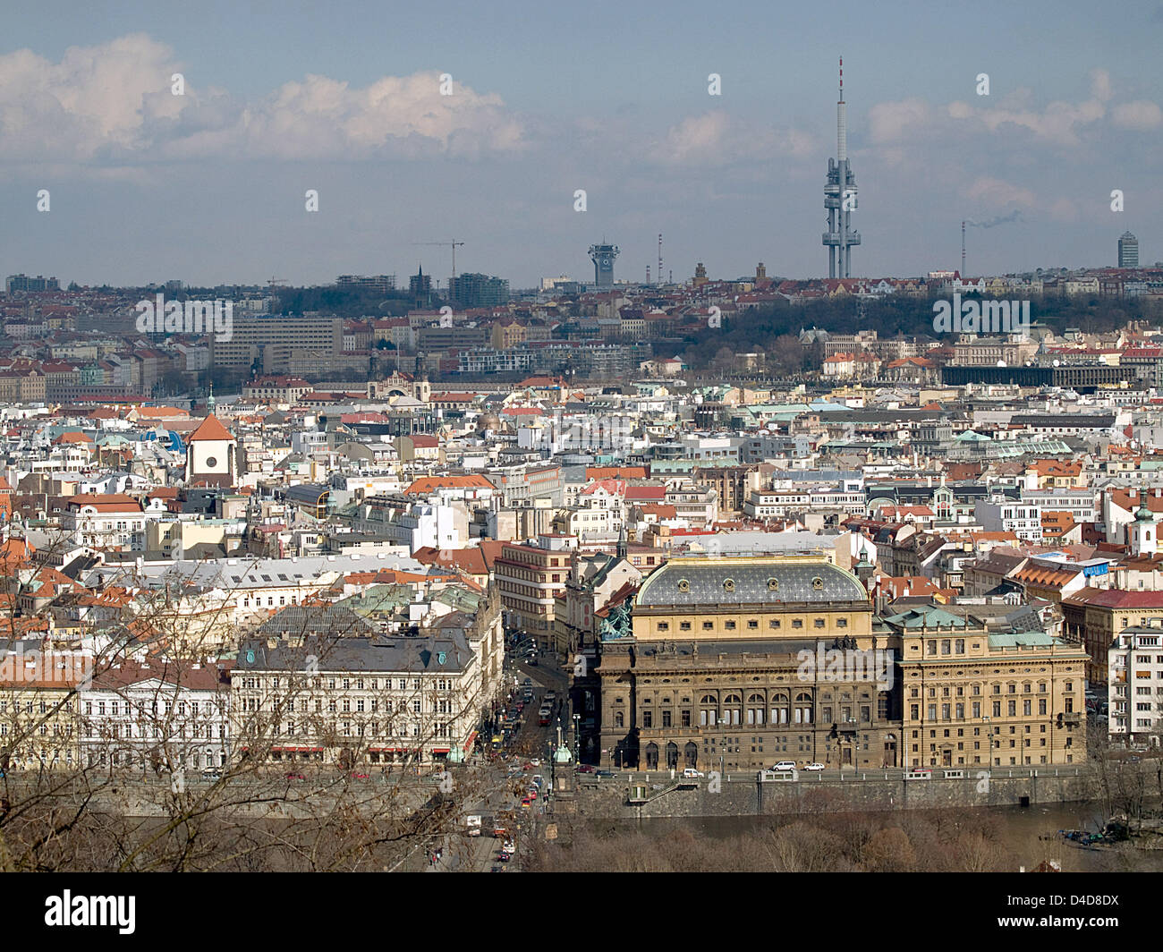 A city view of Prague with the tele tower in the background and the ...