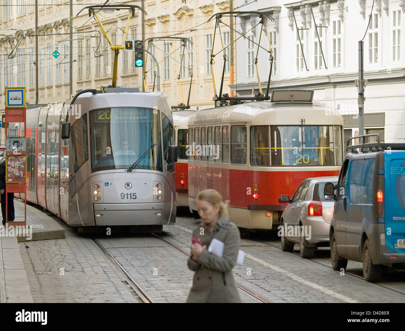 The picture shows a new Skoda tram (L) with Porsche design next to a ...