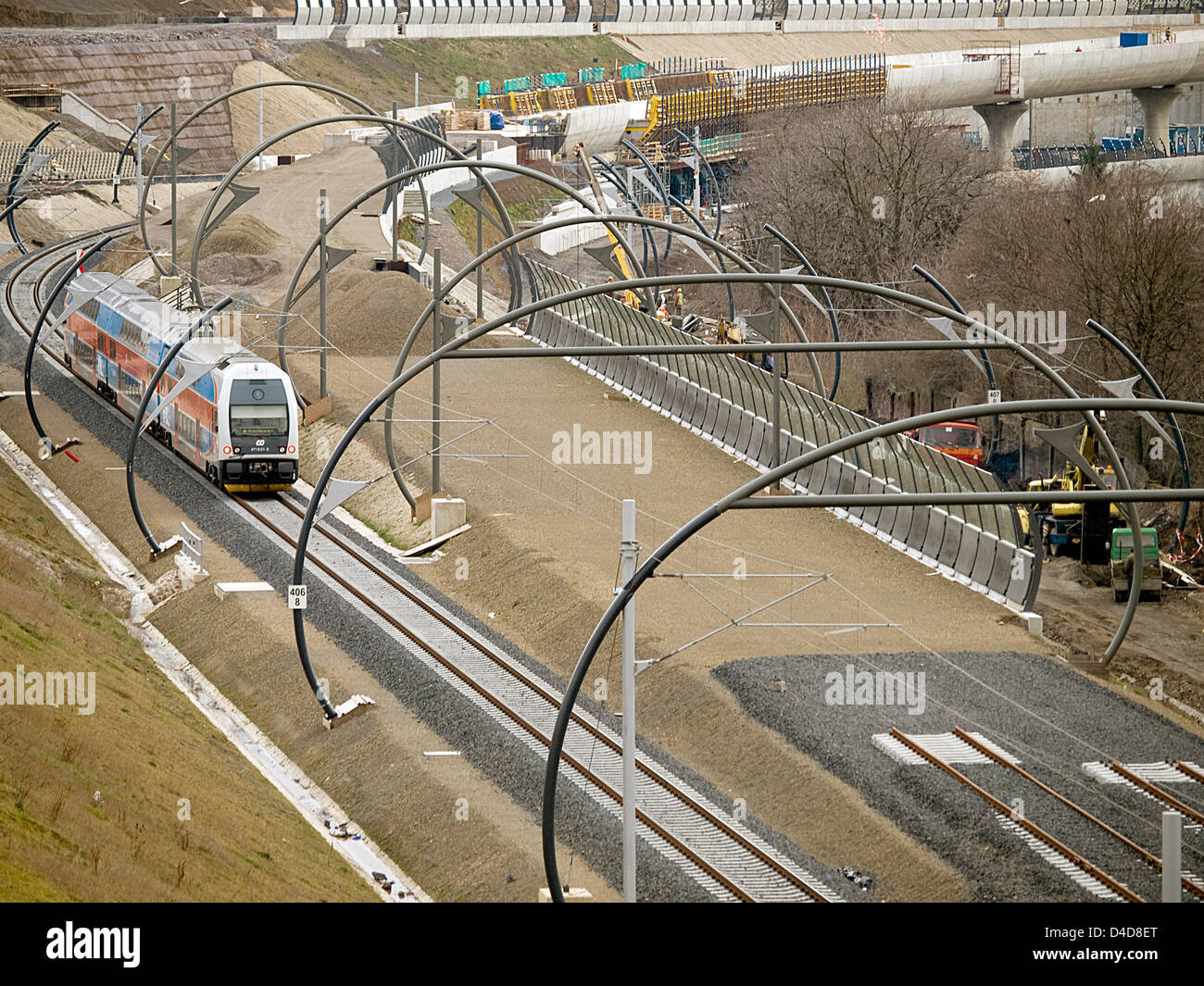 The picture shows construction work on railroad tracks in Prague, Czech ...