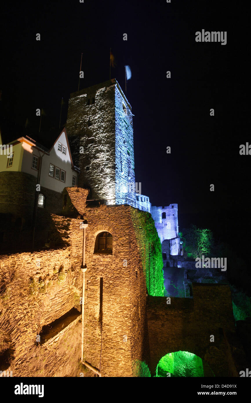 Castle Rheinfels is dipped into a new light near St. Goar, Germany, 03 ...