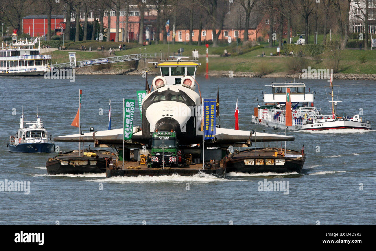 Russian space shuttle Buran is transported across the Rhine on a barge ...