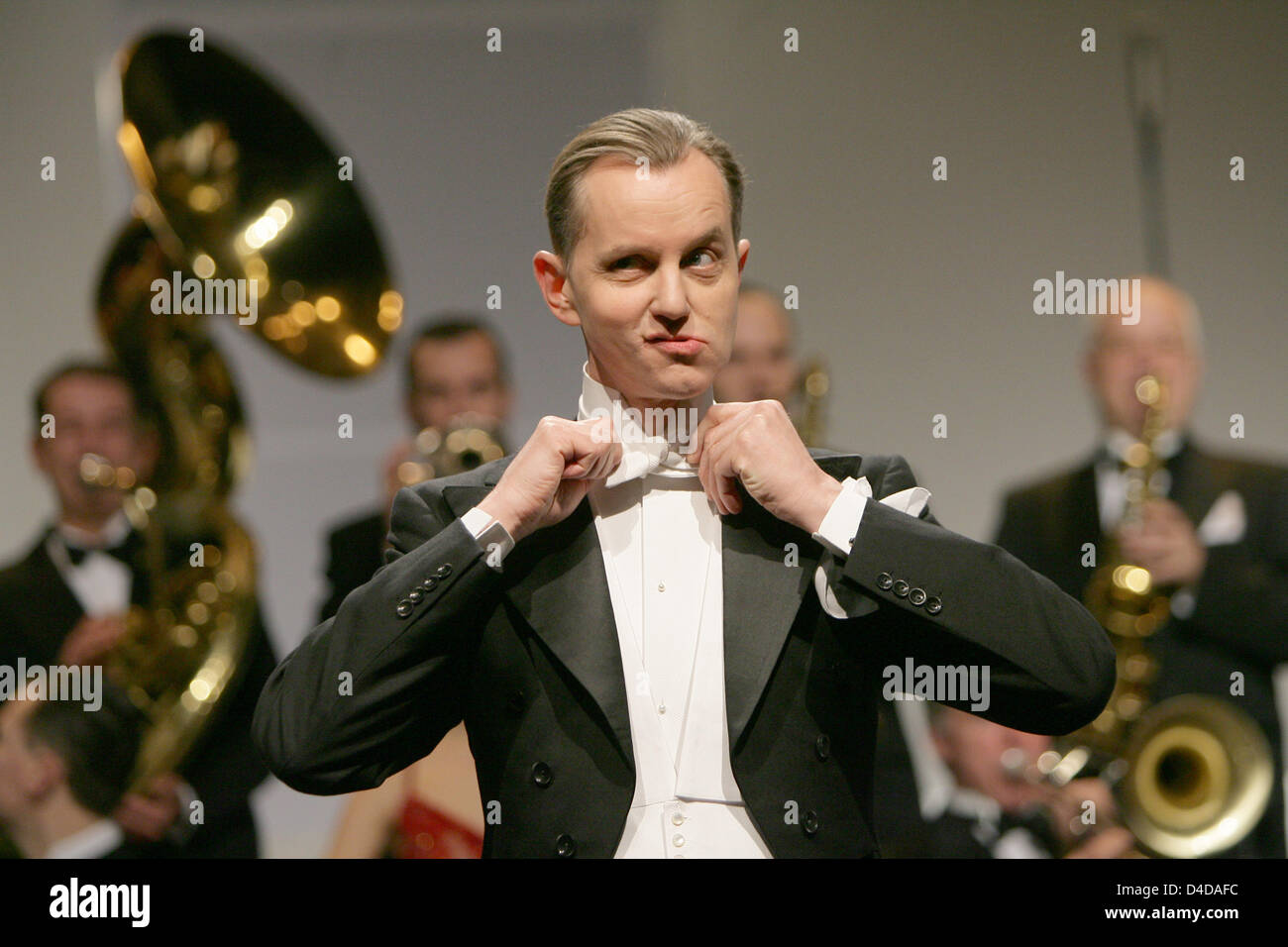 Max Raabe poses with his orchestra during a photo call for the world ...