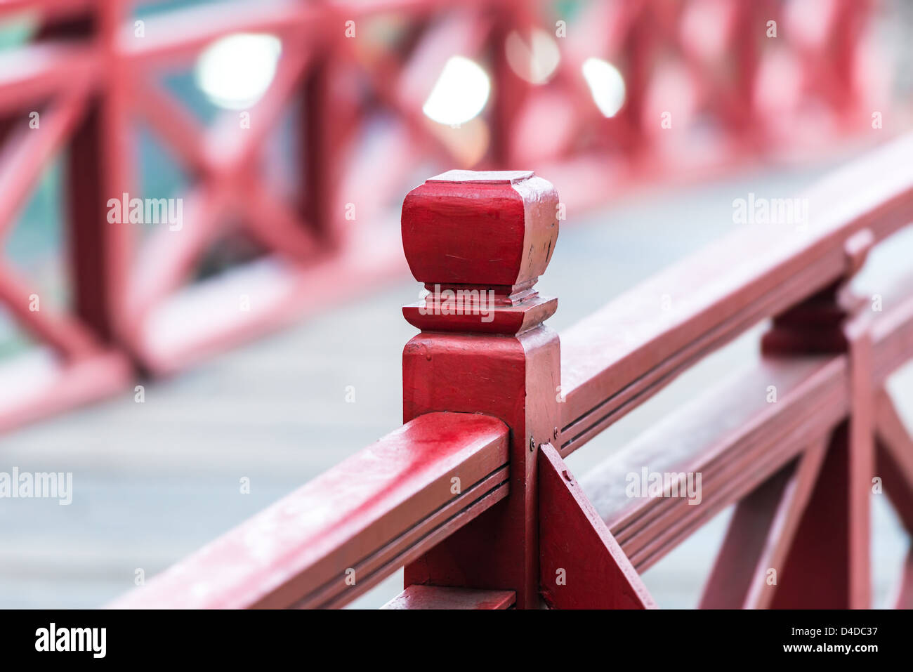 Close-up view of wooden bridge in Vietnam with blurry background and ...