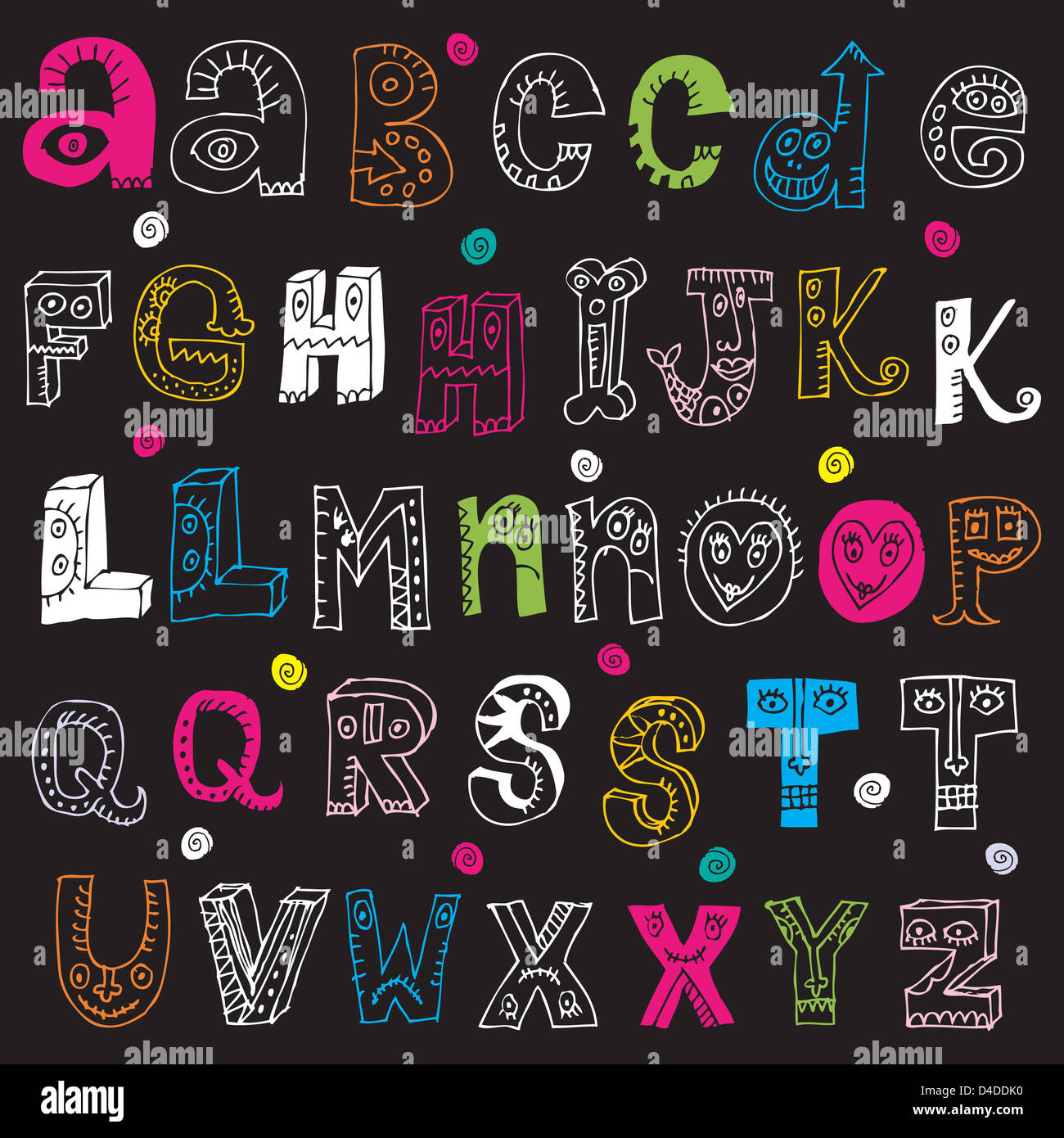 childlike doodle ABC on black background Stock Photo - Alamy