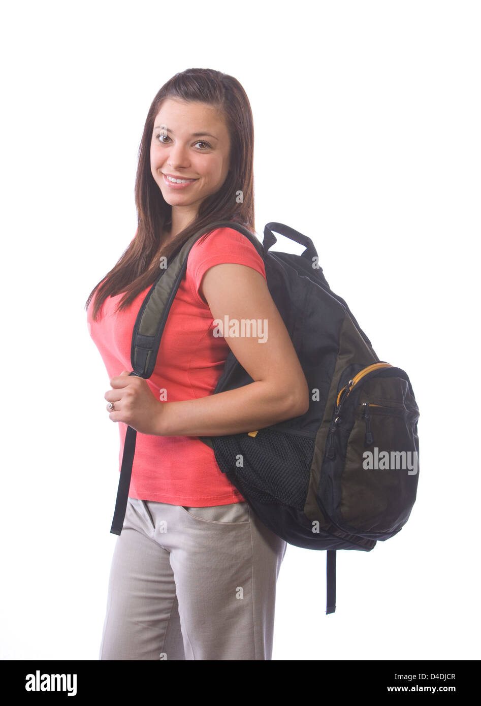 Young woman with a backpack isolated on white Stock Photo - Alamy