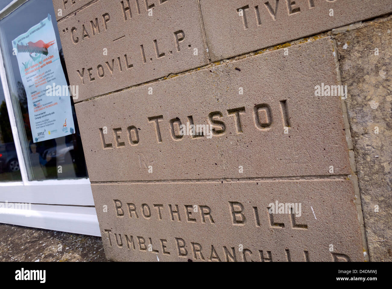 Burston, Norfolk. Burston Strike School brick with Leo Tolstoi inscribe ...