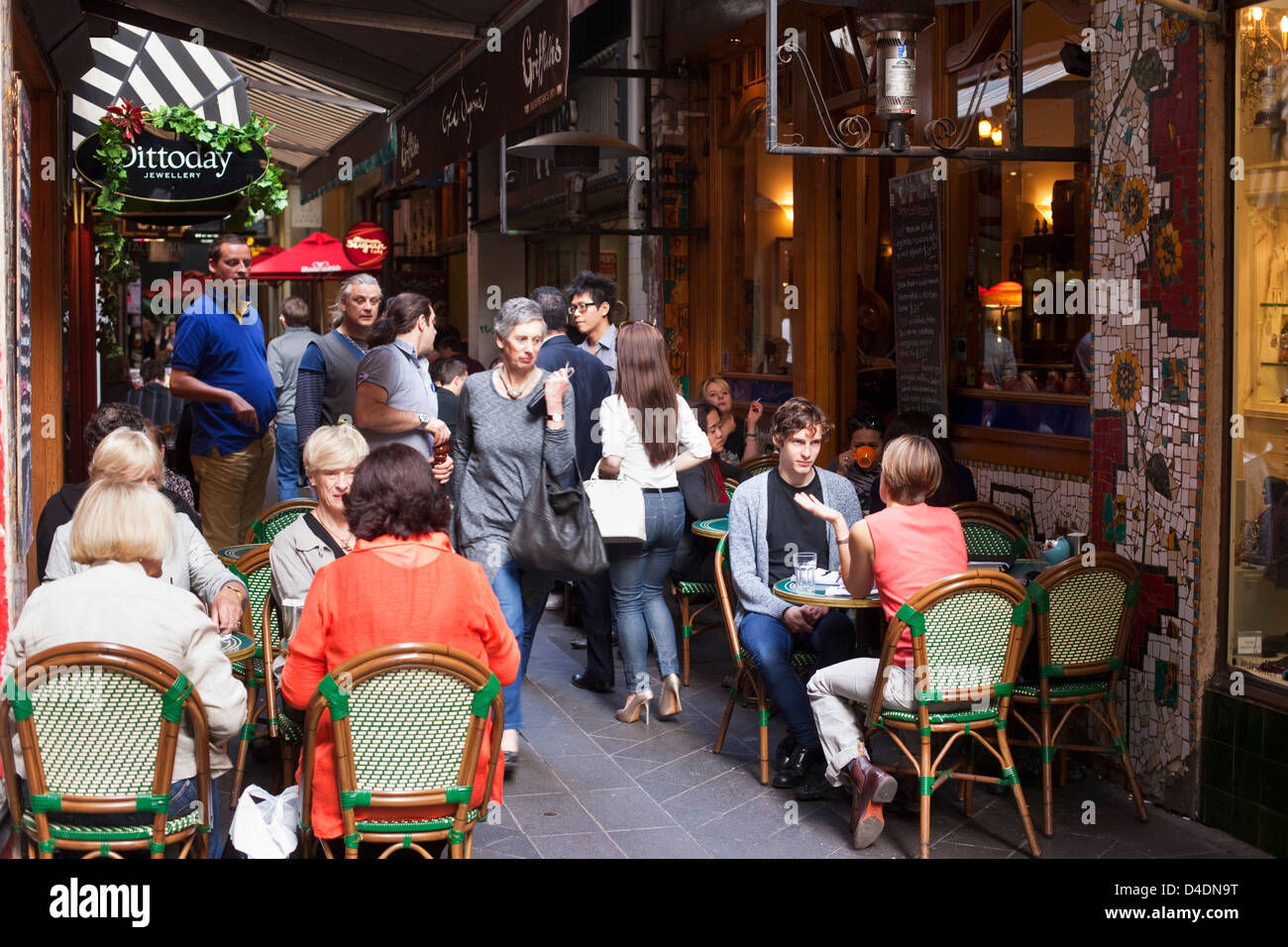 Lunchtime diners at laneway cafes in Block Place. Melbourne, Victoria ...