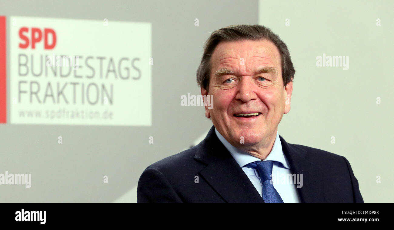 Former German Chancellor Gerhard Schroeder answers questions after the ...