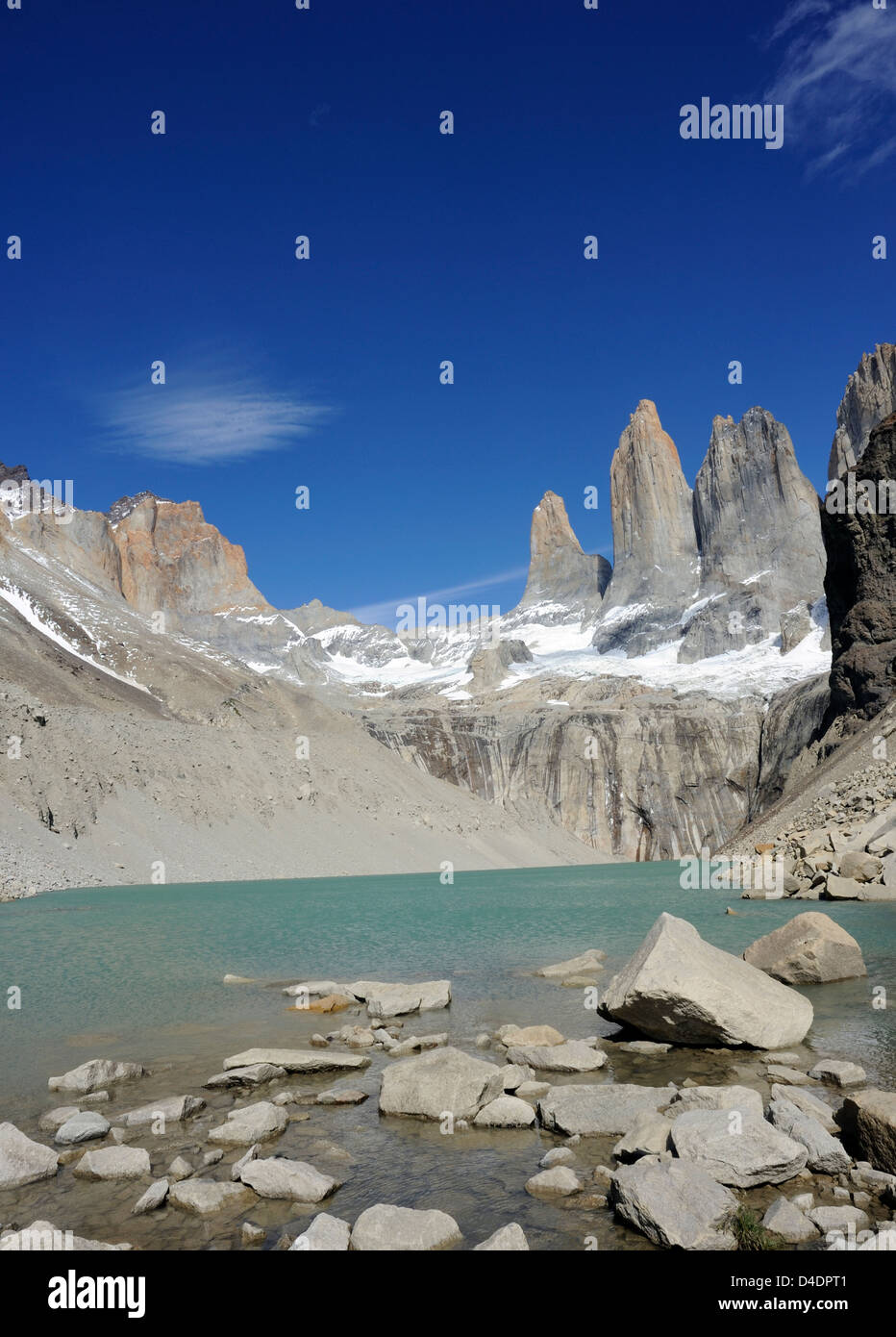 The granite spires of the Torres del Paine from the west looking across ...