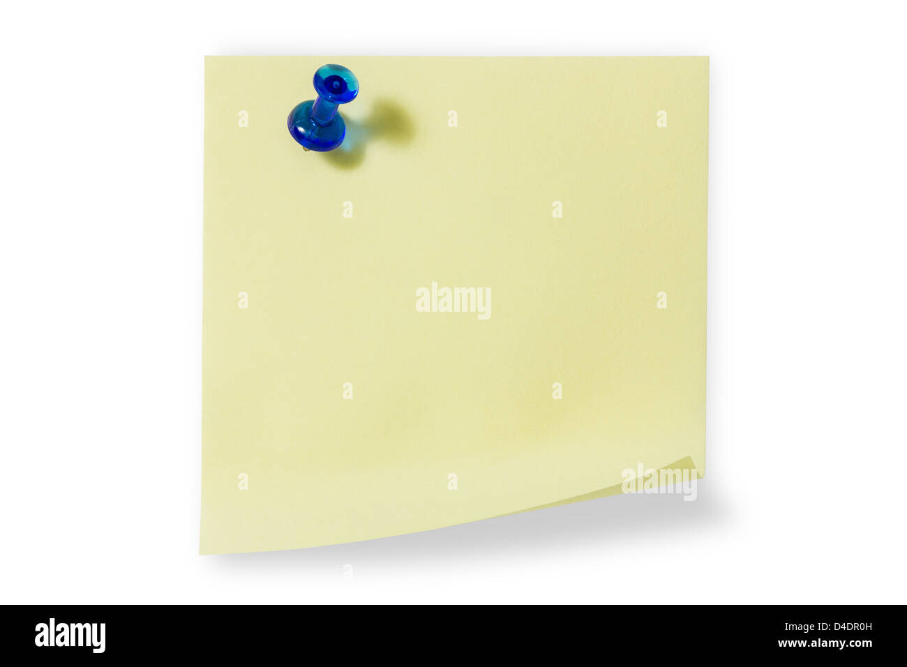 Blank yellow sticky note with blue push pin isolated on white ...