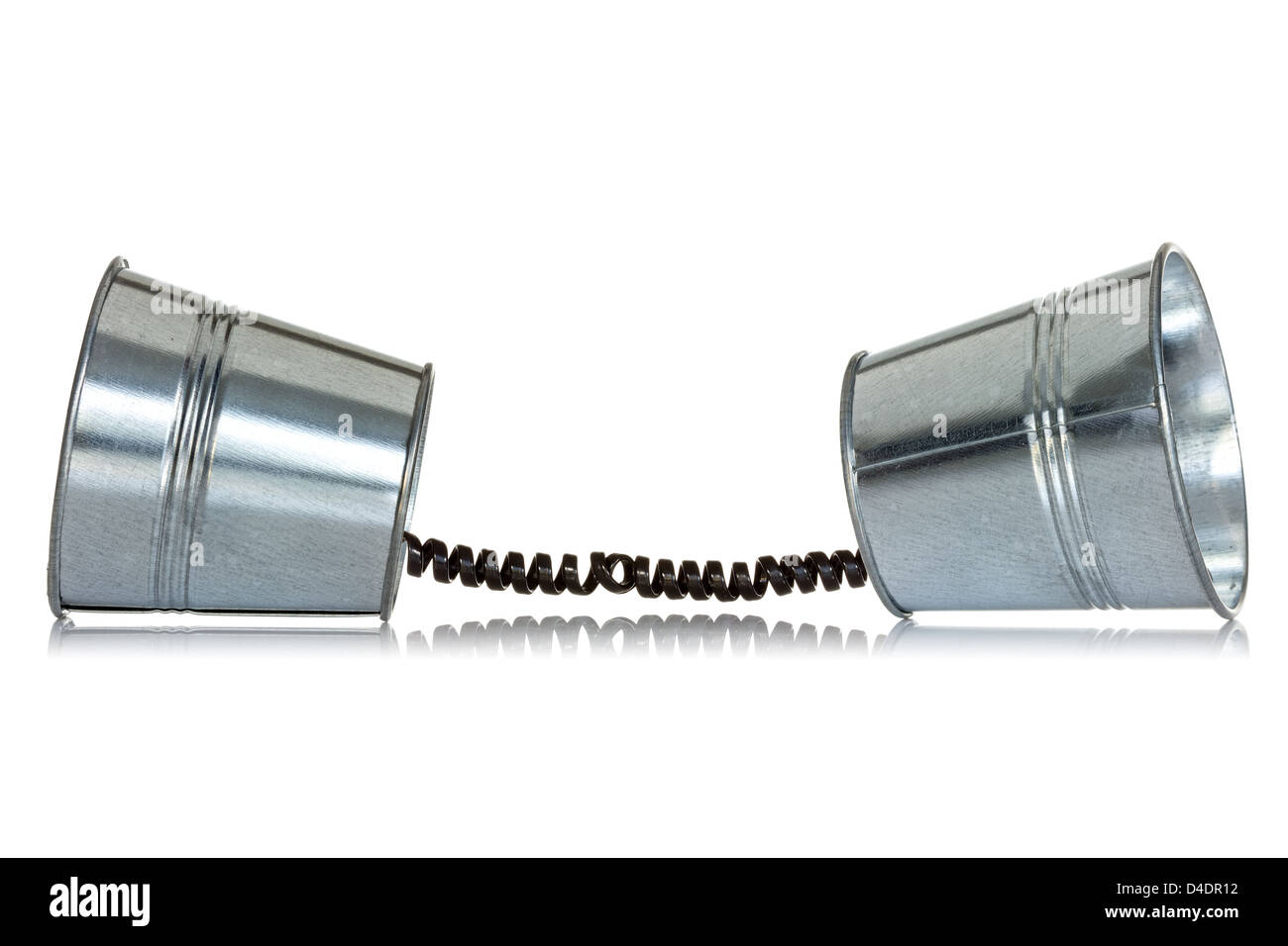 Two cans with telephone cord on a white background Stock Photo - Alamy