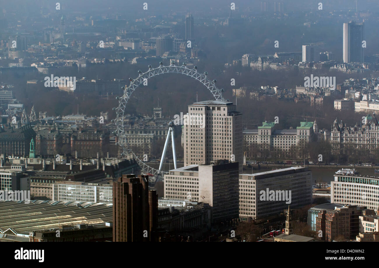 Aerial view of the London Eye and the Shell Centre taken from the Shard ...