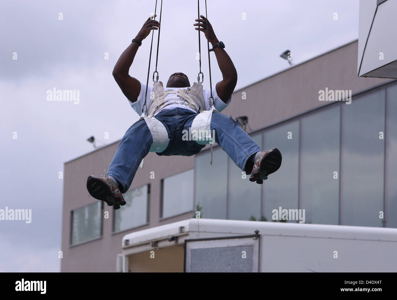 A stuntman hangs around at the closed-off set in Bregenz, Austria, 29 ...