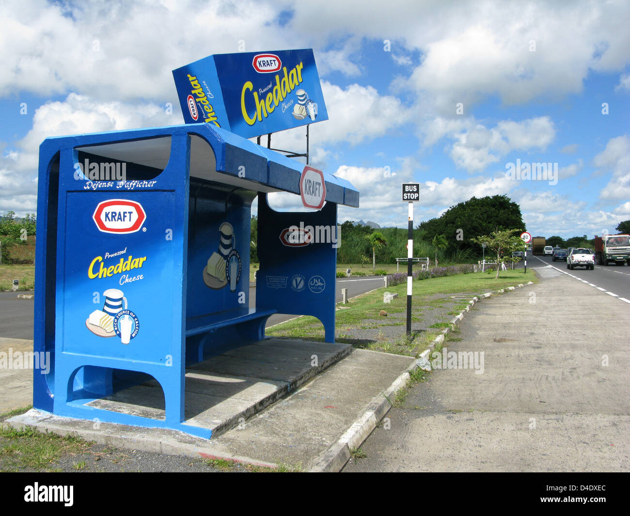 A bus stop in a Cheddar Kraft Design on Mauritius, 10 April 2008. Photo ...