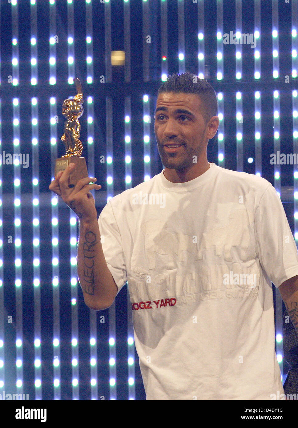 German rap artist Bushido poses on stage with his 'Bravo Otto'-award ...