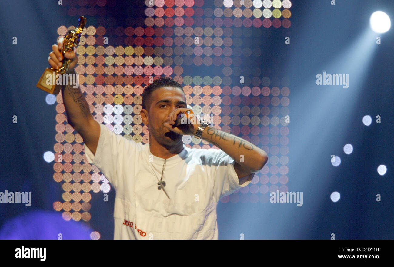 German rap artist Bushido poses on stage with his 'Bravo Otto'-award ...