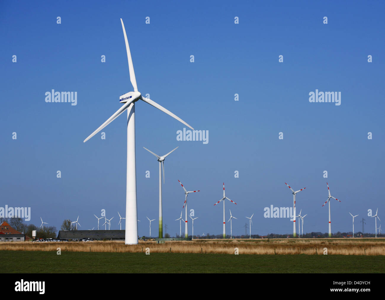 Wind wheels turn at a Windpark in East Frisia, Germany, 22 April 2008 ...