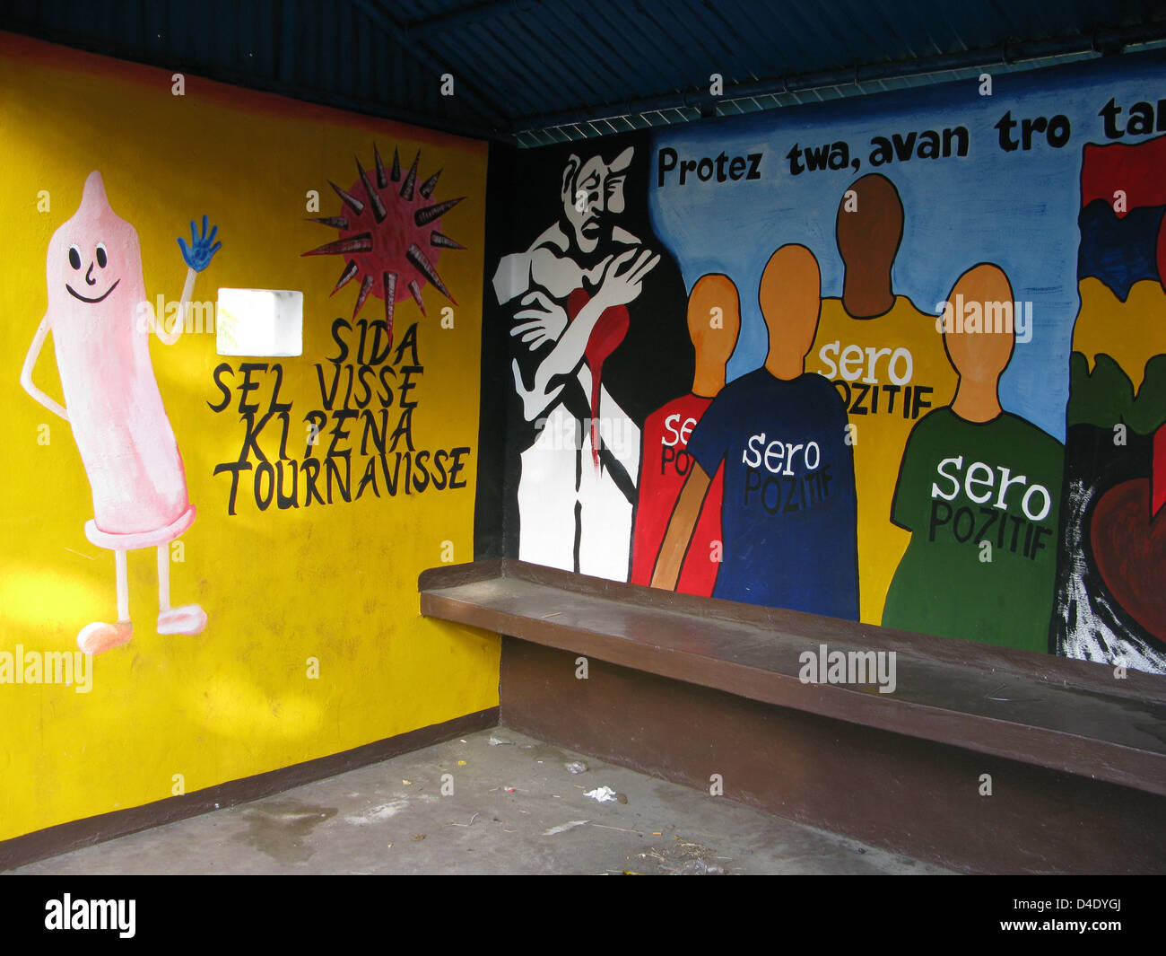 The picture shows colourful anti-Aids campaign boards at a bus stop in ...