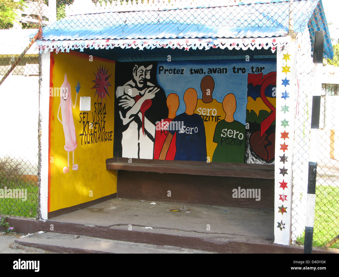The picture shows colourful anti-Aids campaign boards at a bus stop in ...