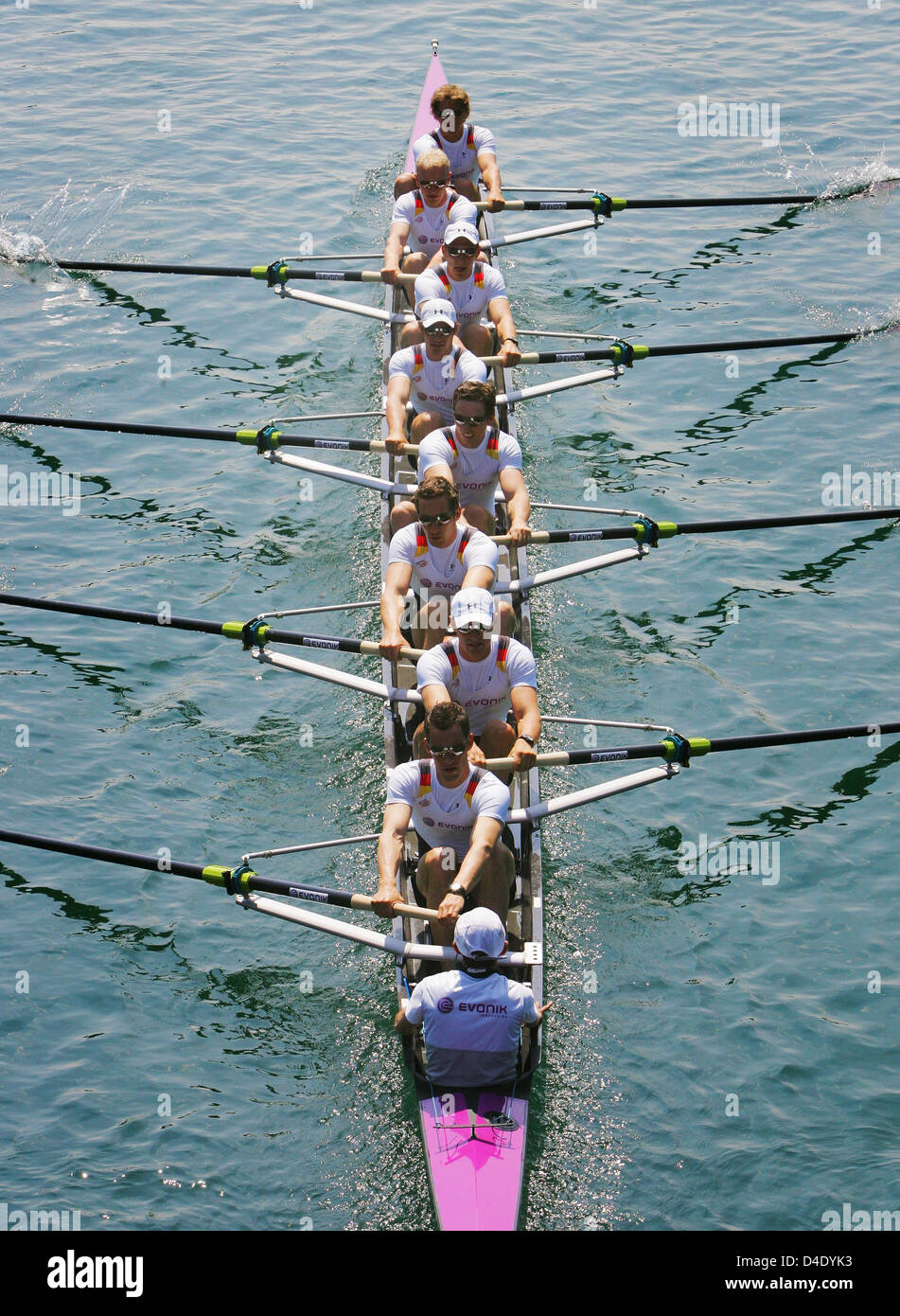 The new German eight-man scull with coxswain Peter Thiede (bottom-top ...