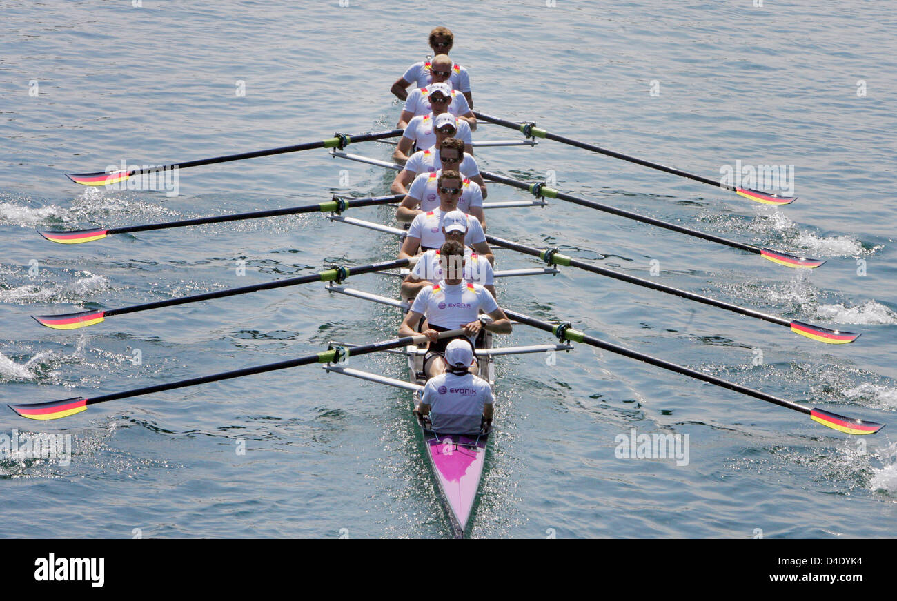 The new German eight-man scull with coxswain Peter Thiede (bottom-top ...