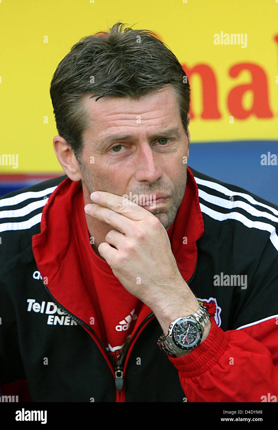 Leverkusen's head coach Michael Skibbe looks grim during the German ...