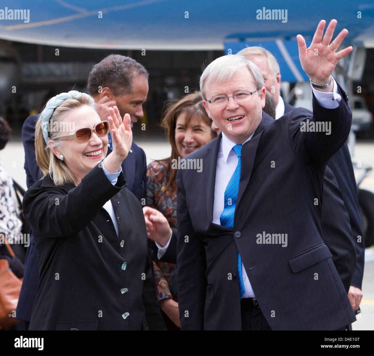 Secretary Clinton and Australian Foreign Minister Rudd Wave Stock Photo ...