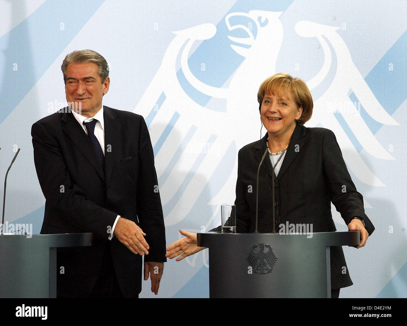 Laughing, German Chancellor Angela Merkel and Albanian Prime Minister ...