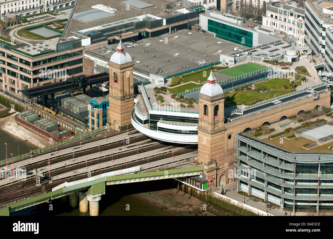 Aerial view of Cannon Street Station on the north bank of the river ...