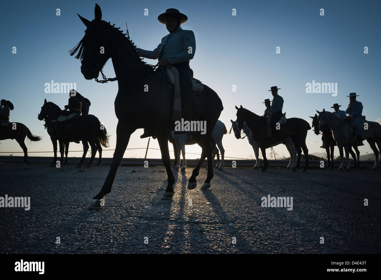Silhouette of cowboys on horses; tarifa cadiz andalusia spain Stock ...