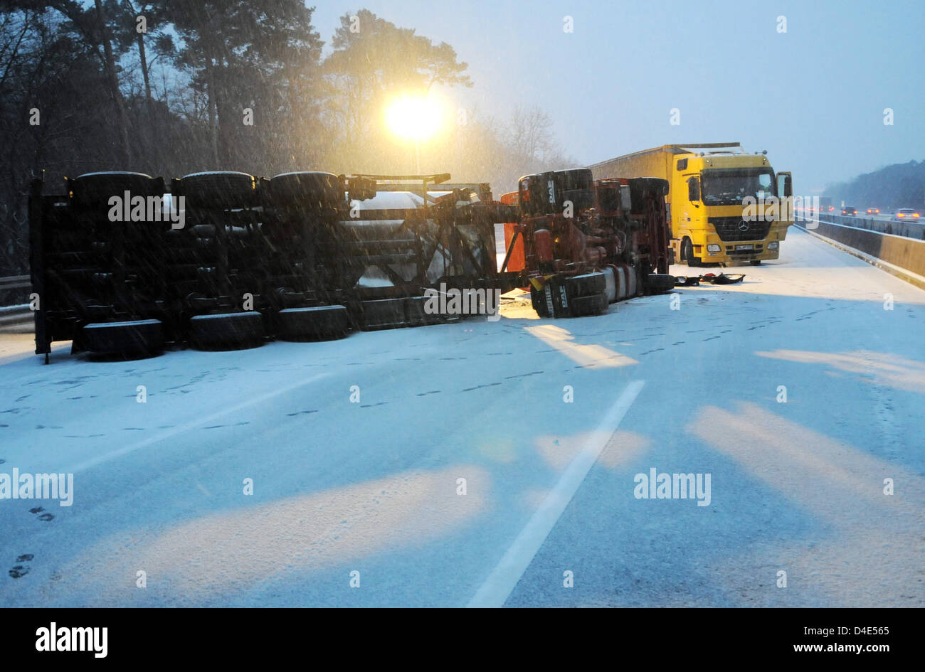 Two trucks are pictured after an accident on Autobahn A5 near Darmstadt ...