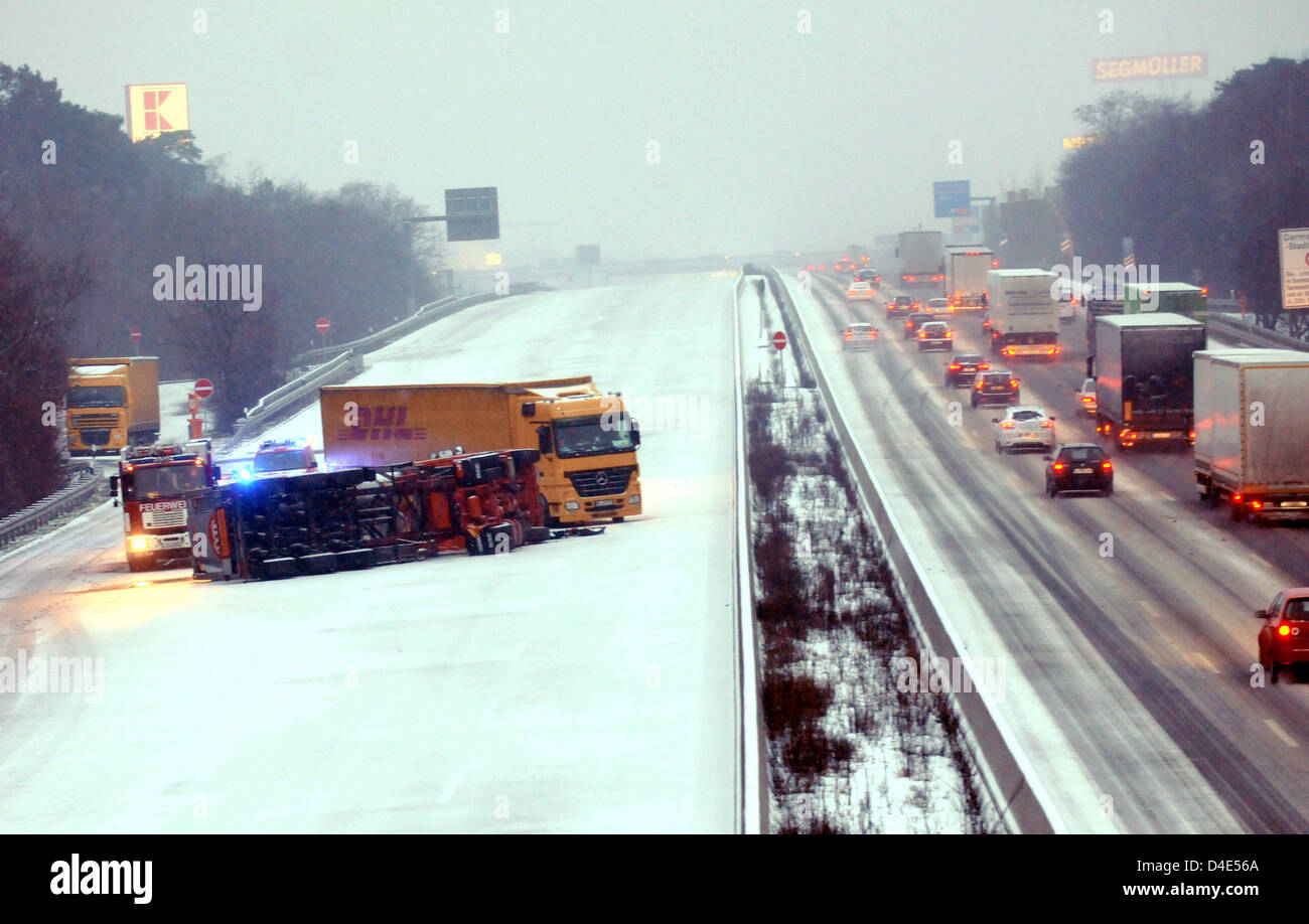 Two trucks are pictured after an accident on Autobahn A5 near Darmstadt ...