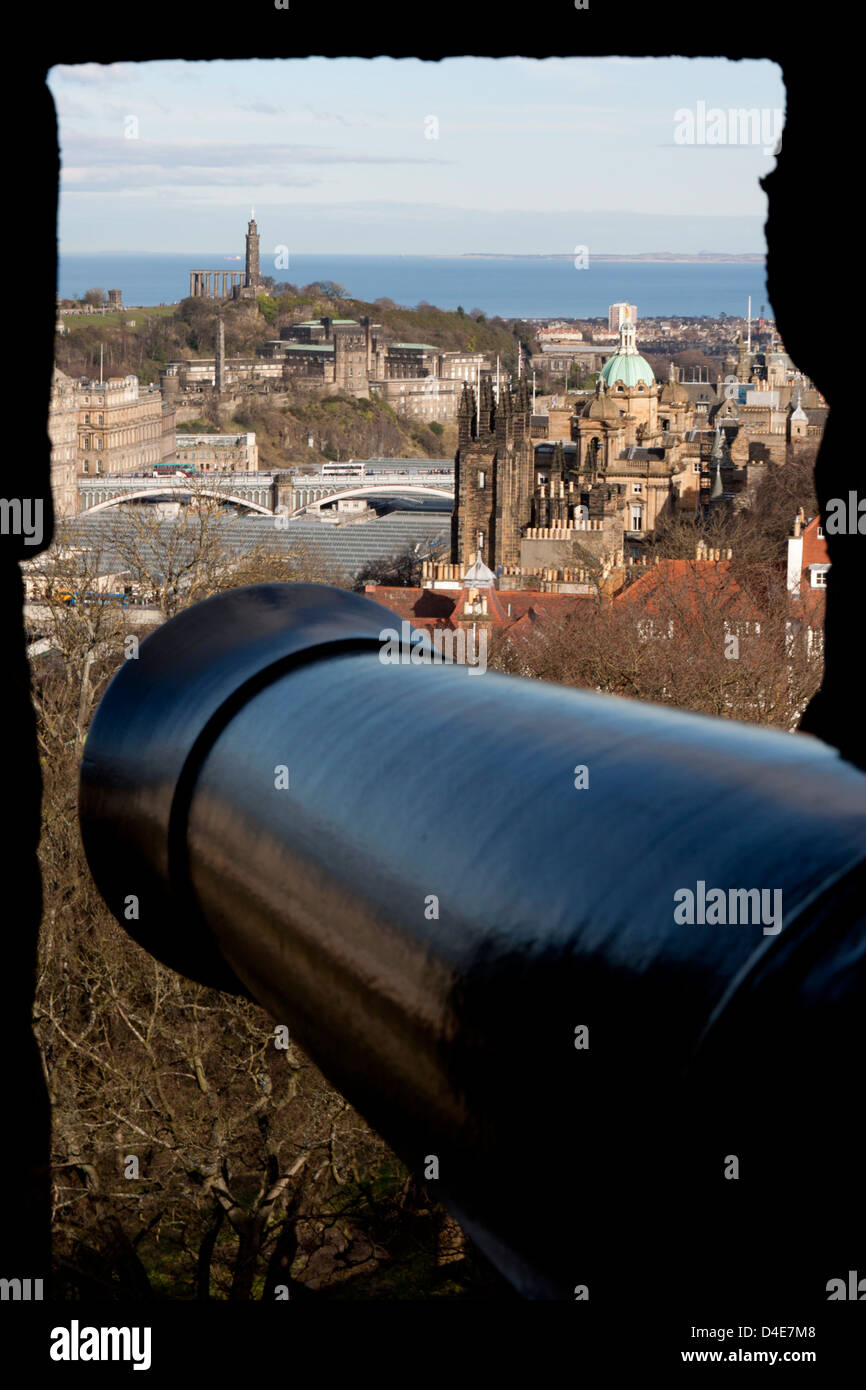 Carlton Hill from one of the gun turrets within Edinburgh Castle Stock ...