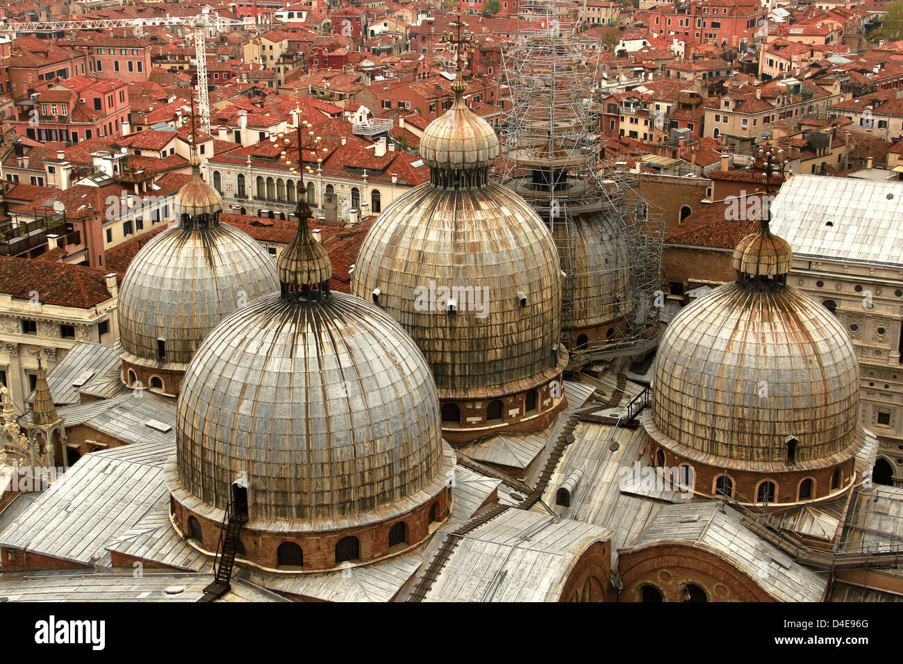 Duomos (Domed buildings) in Venice Italy, a rooftop view of the densely ...