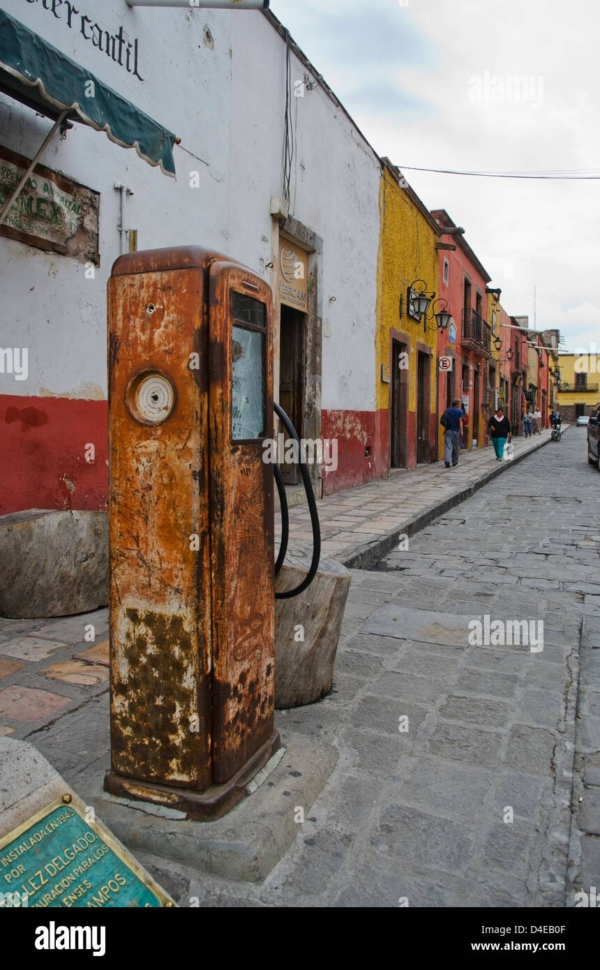 Old gas pump on street corner; San Miguel de Allende, Guanajuato ...