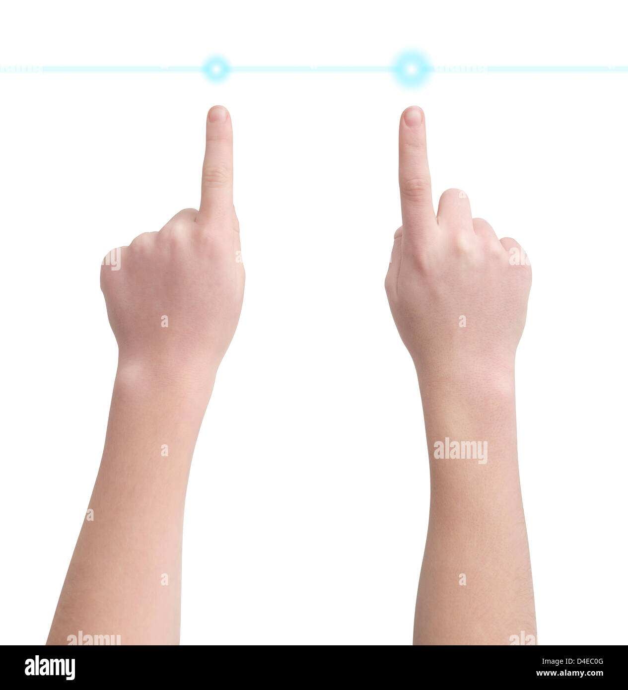 Left and right hands pointing on virtual buttons, isolated on white ...