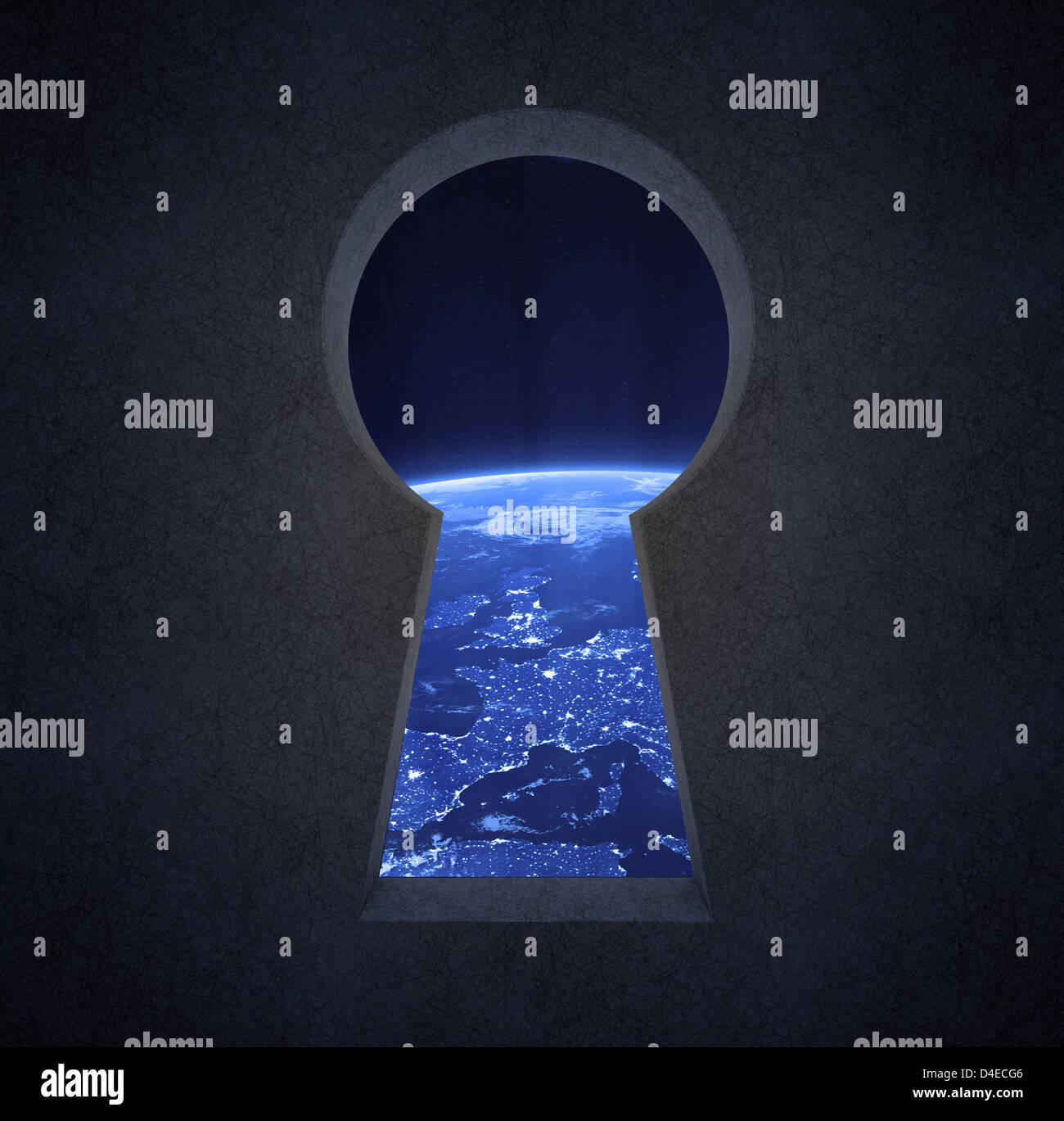 Night view of Europe with visible city lights as seen through a keyhole ...