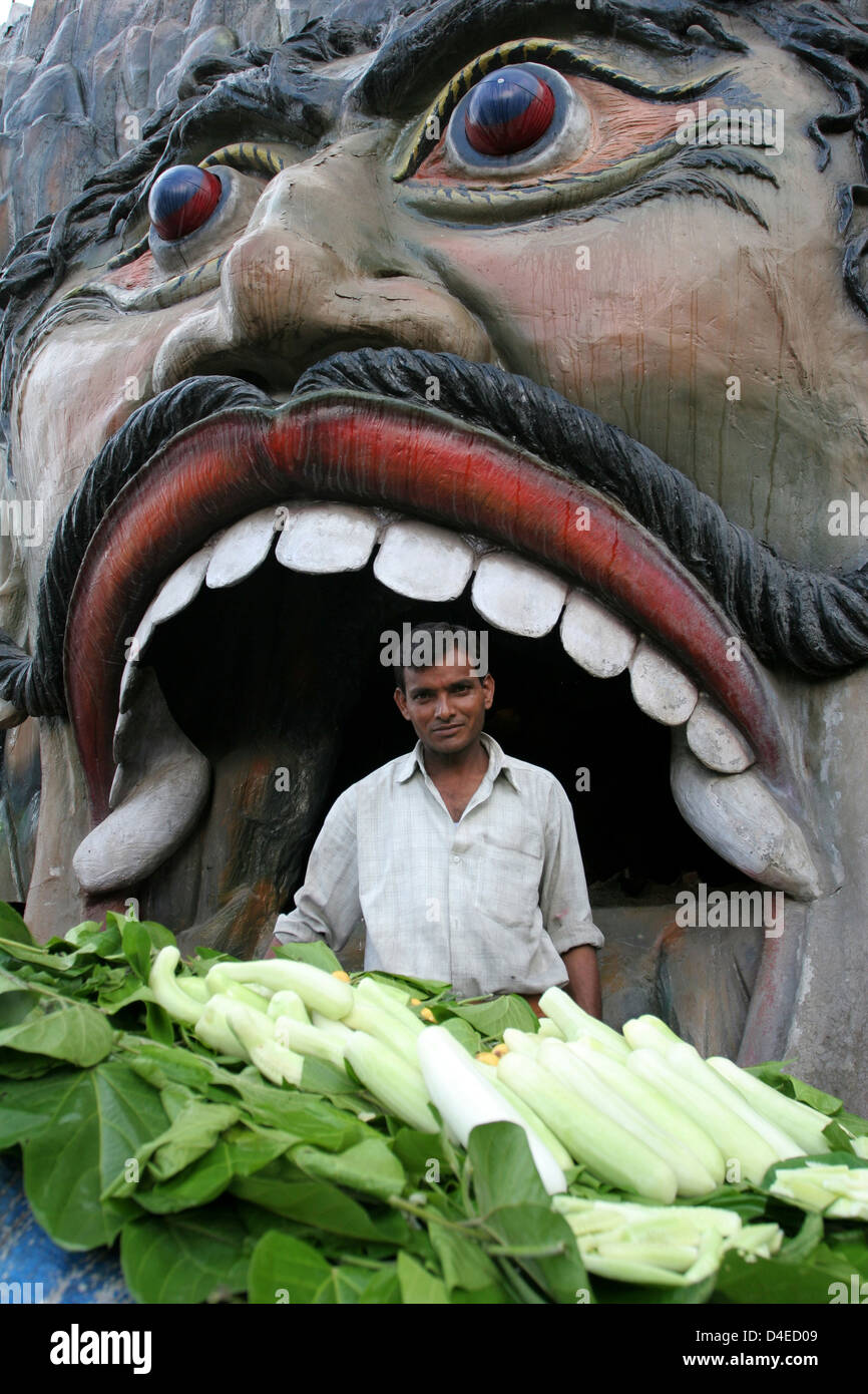 Face of a demon on the facade of a Hindu temple aimed at educating ...