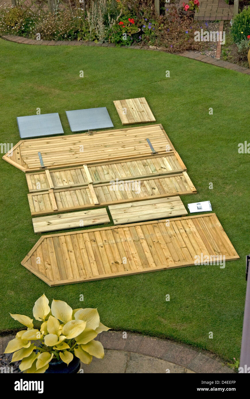 Garden Shed. Flat-Pack contents laid out for checking and assembly ...