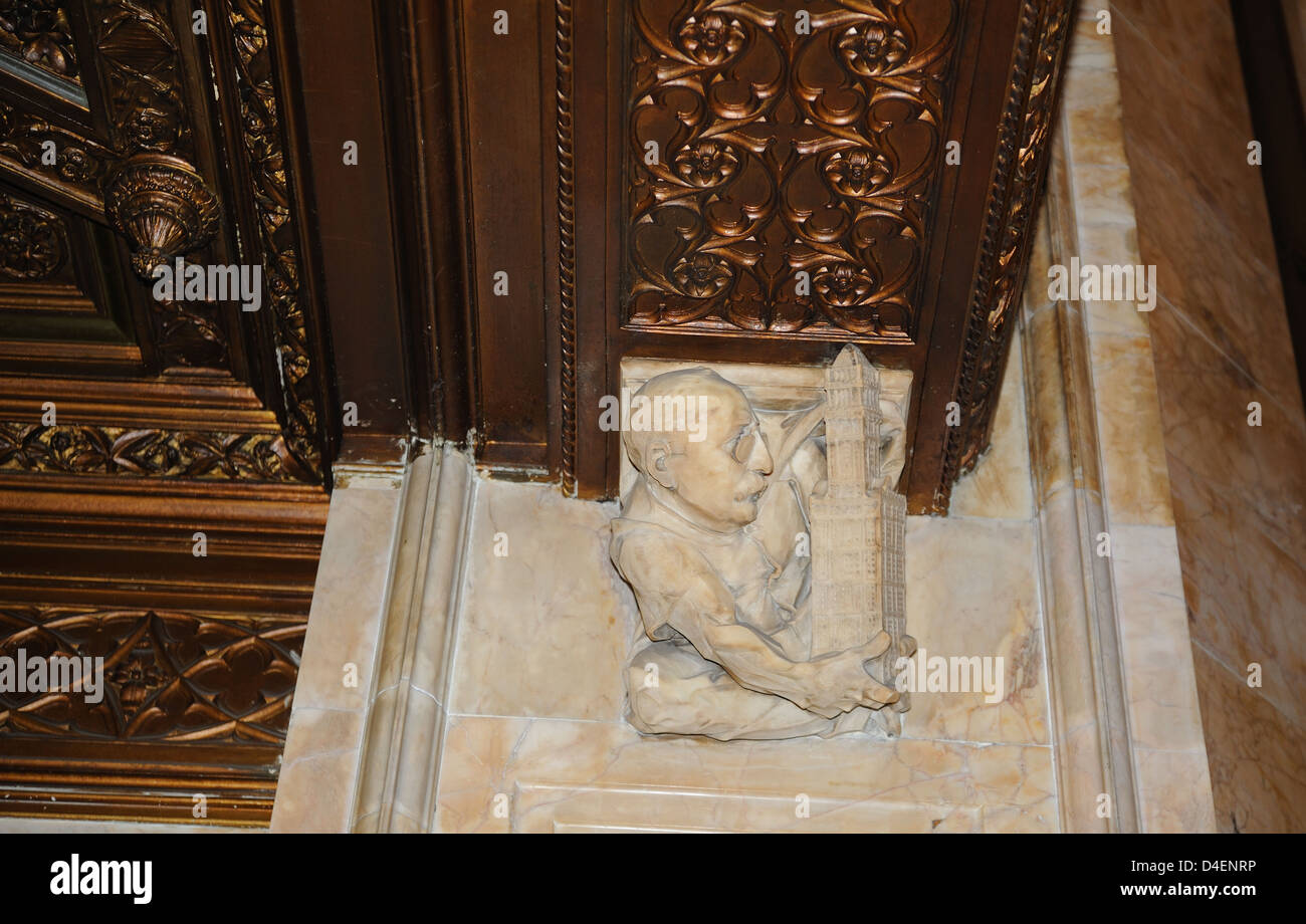 A corbel in the Woolworth building lobby depicts architect Cass Gilbert ...